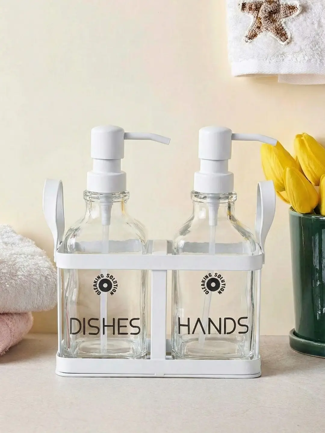 Tutku Yandan Tutmalı Metal Standlı Cam Sıvı Sabunluk Seti 2’li
