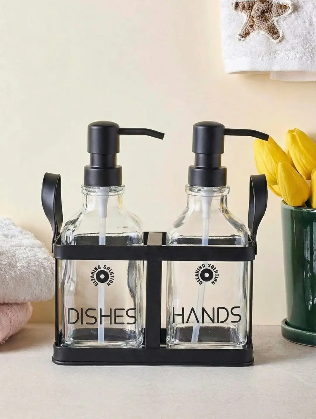 Tutku Yandan Tutmalı Metal Standlı Cam Sıvı Sabunluk Seti 2’li